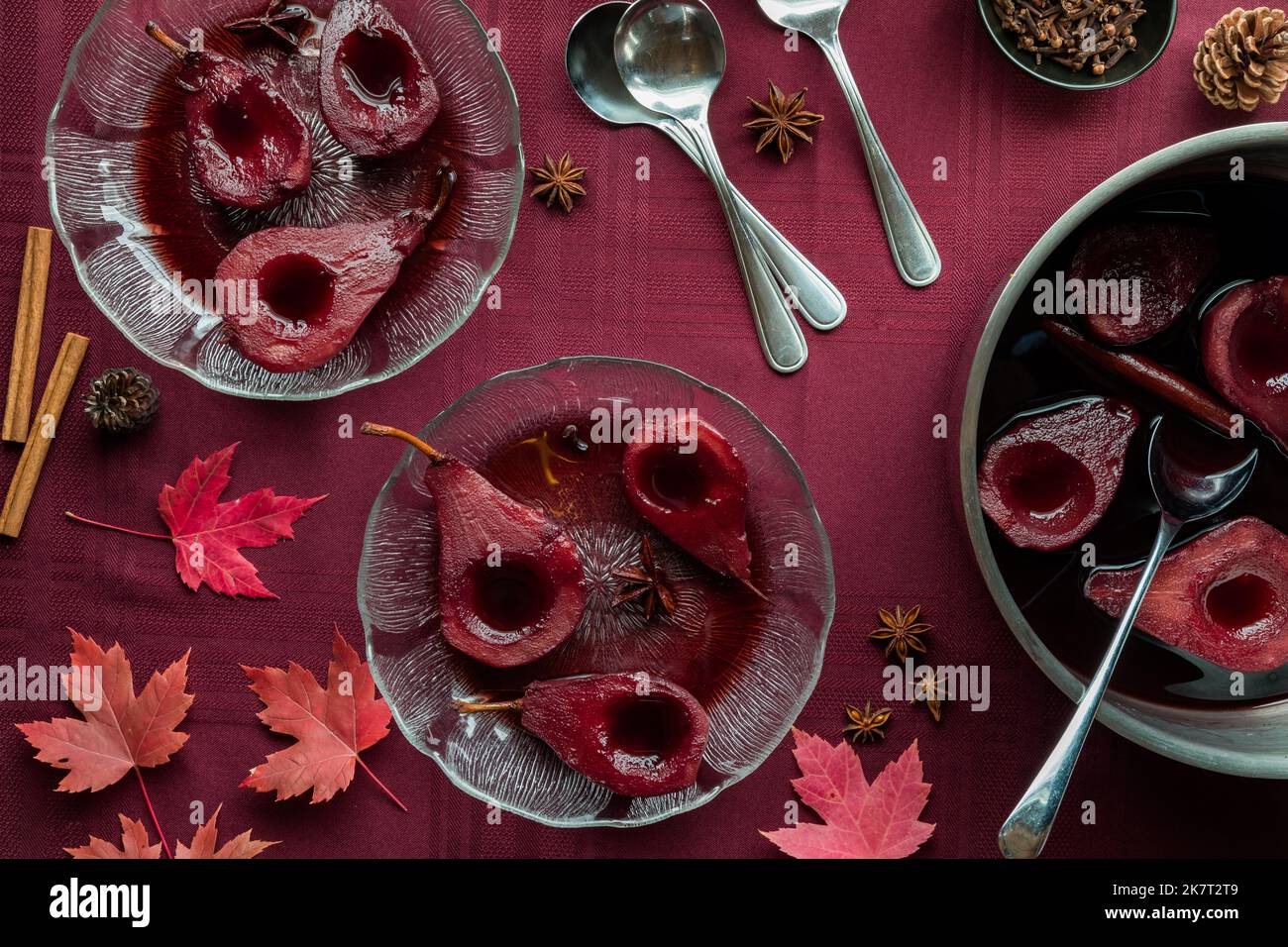 Top down view of red wine poached pears ready for eating Stock Photo ...