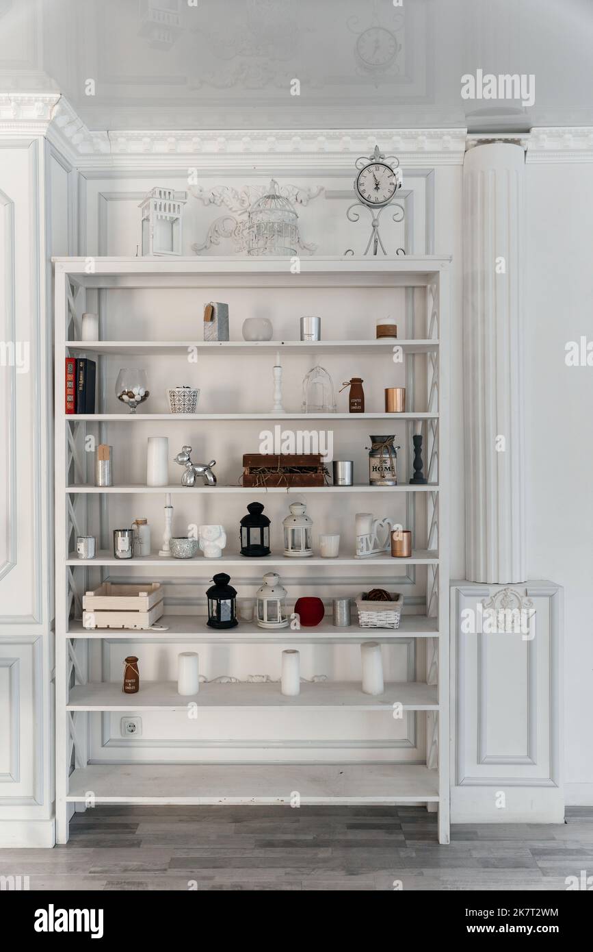 Modern interior with shelf and objects in the room. White interior ...