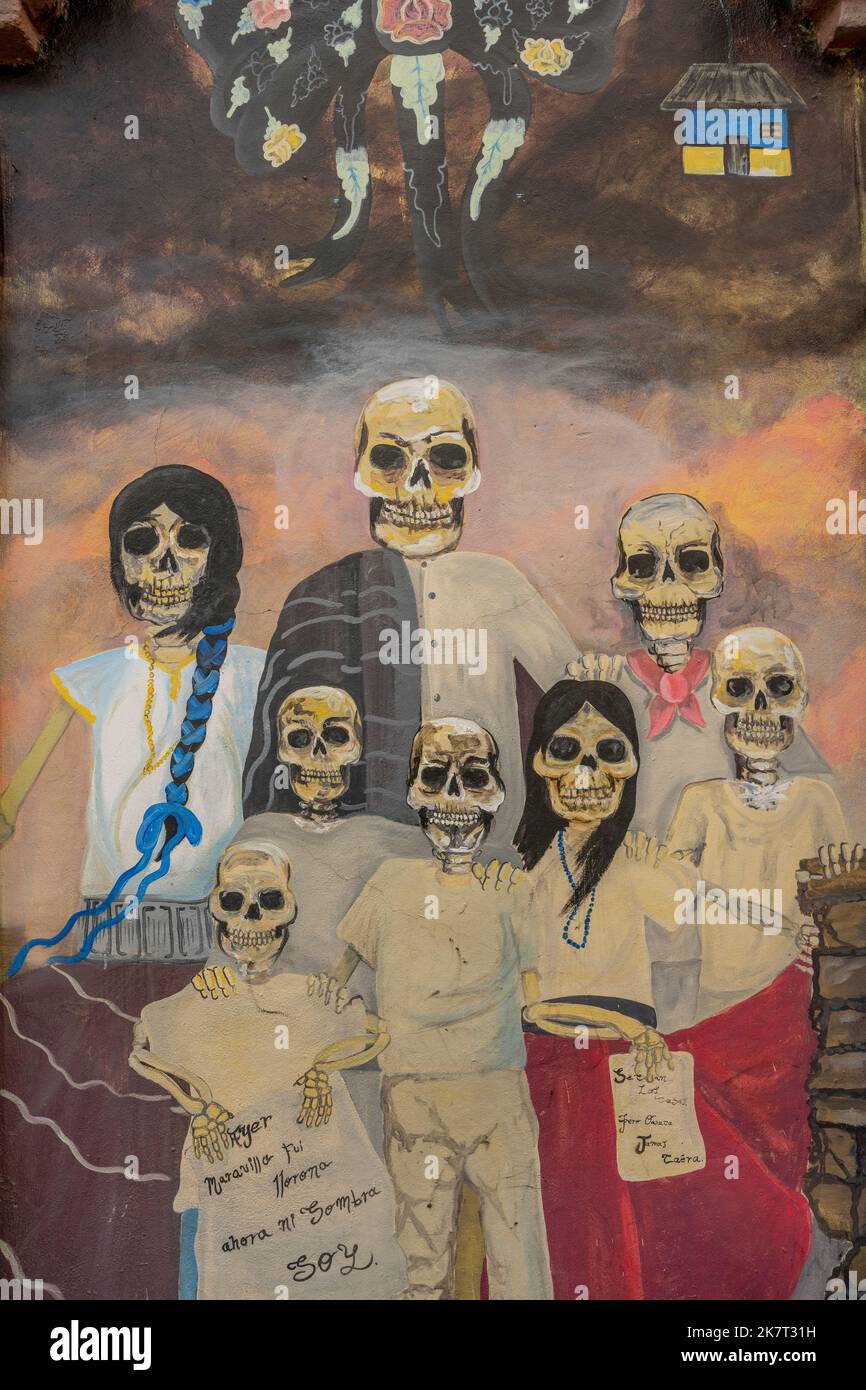 Many houses are painted with colorful murals, here with skeletons, in ...