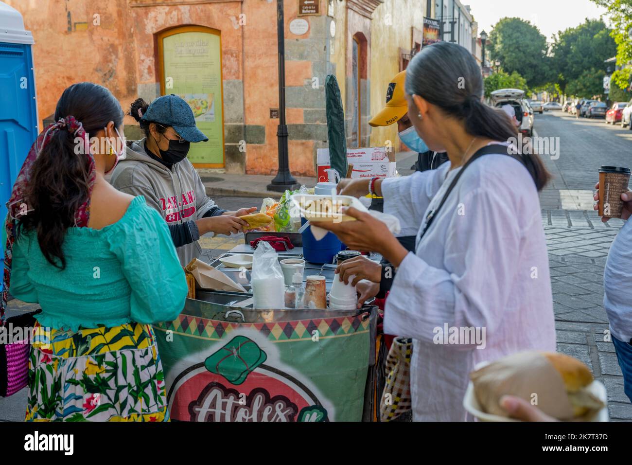 A street vendor is selling breakfast food in downtown Oaxaca de Juarez ...
