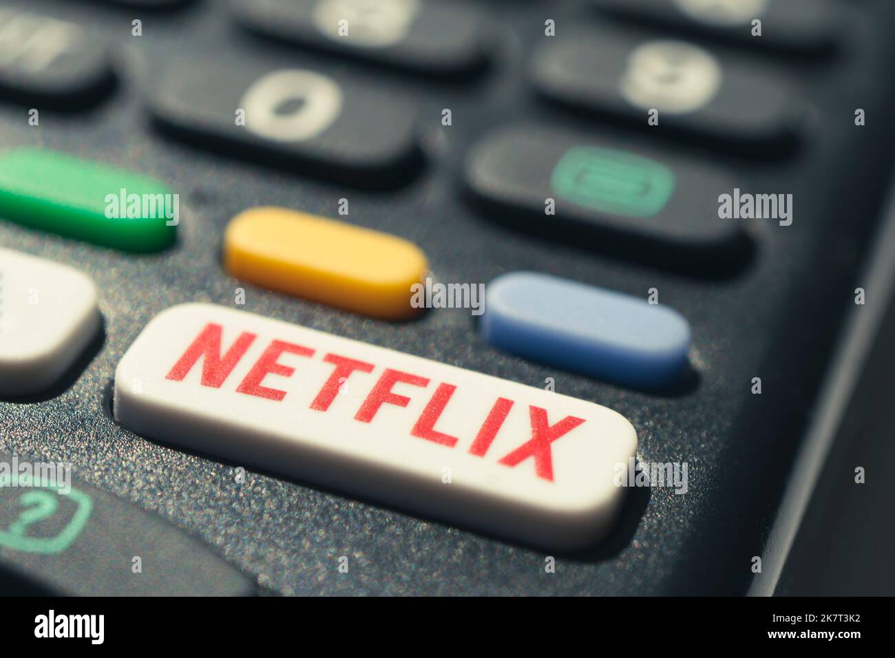 Barnaul russia, May 15, 2022: Detail of remote control with a Netflix ...