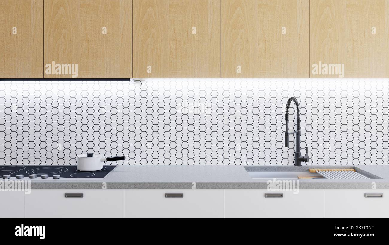 3D rendering of a kitchen with white fronts and wood paneling Stock ...