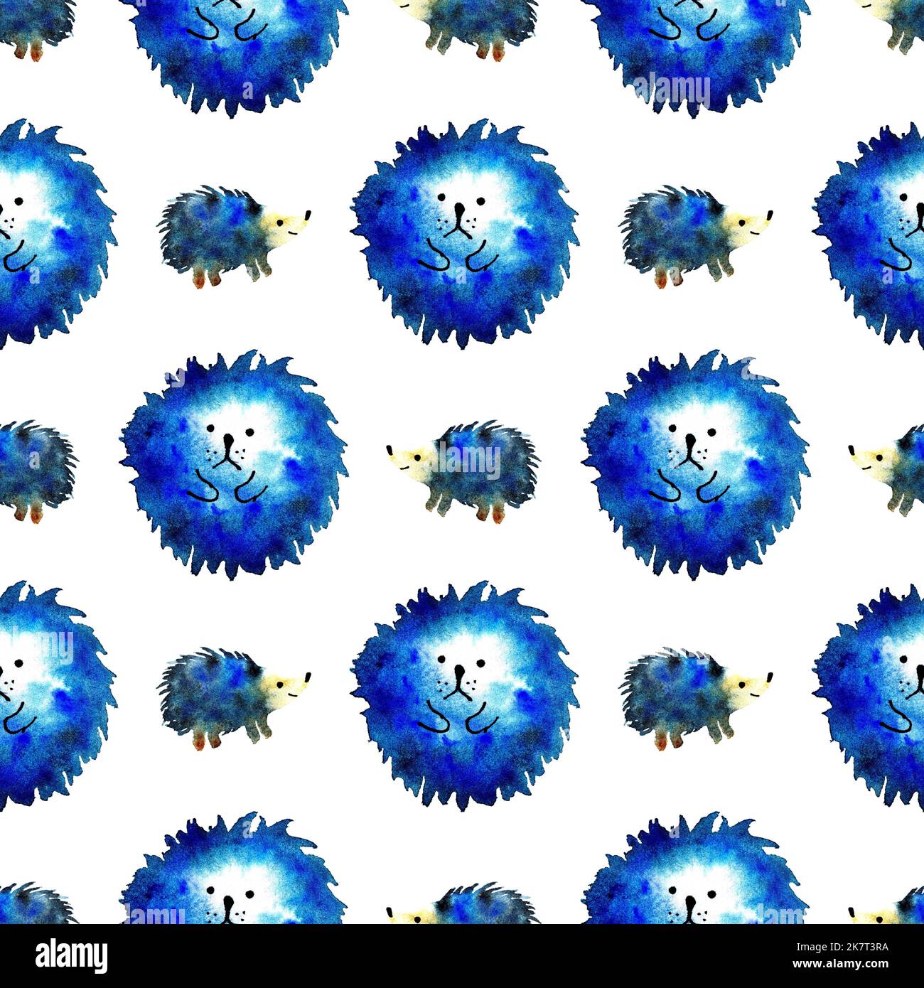 Watercolor illustration of a pattern of blue hedgehogs in the form of a ...