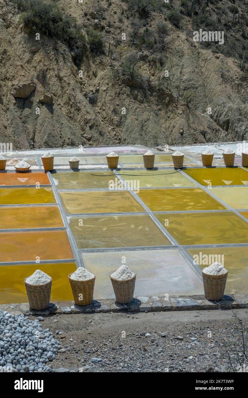 View of the saline pools and baskets of drying salt at a salt mining ...