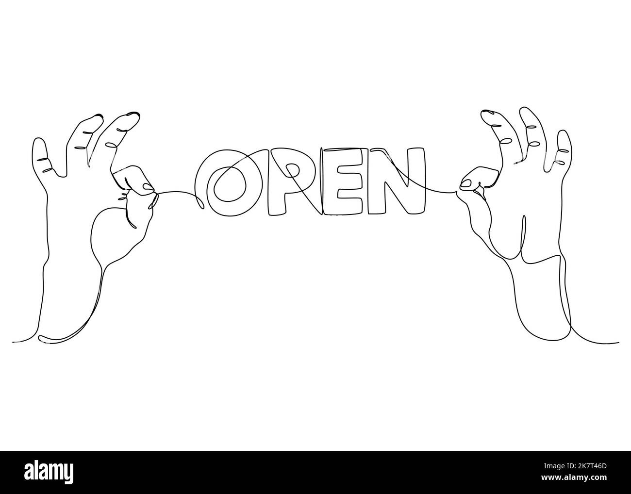 One Continuous Line Of Two Hand Holding A String With Open Word Thin Line Illustration Vector