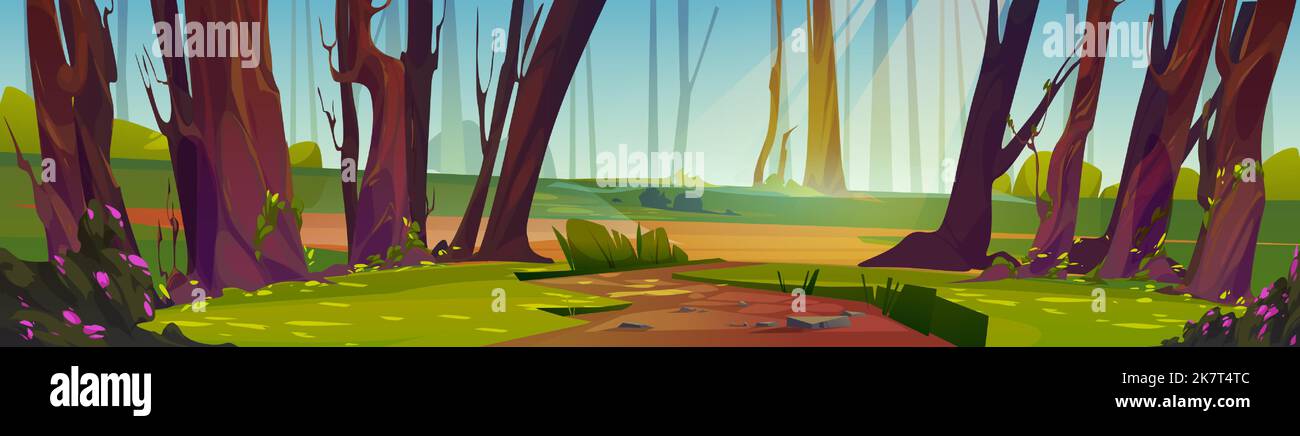 Footpath in sunlit forest cartoon illustration. Beautiful old wood with ...
