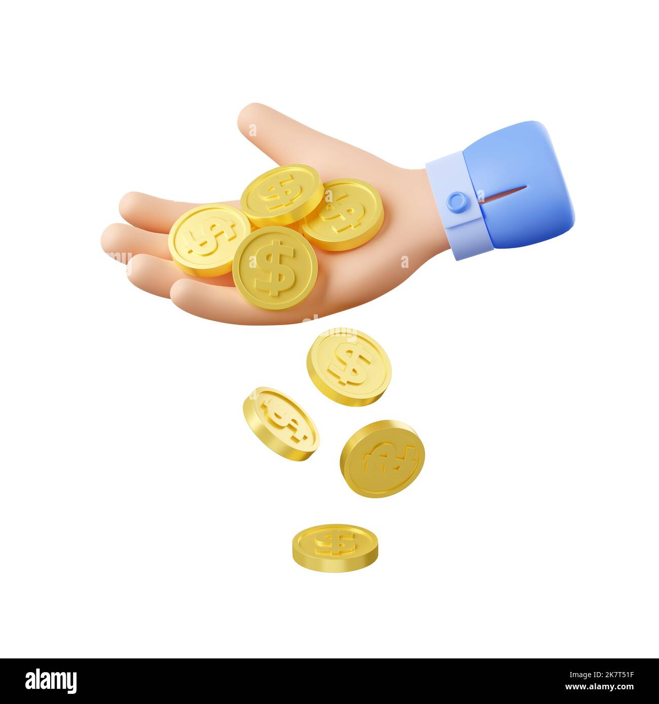 3D render hand dropping golden coins isolated on white background. Rich ...