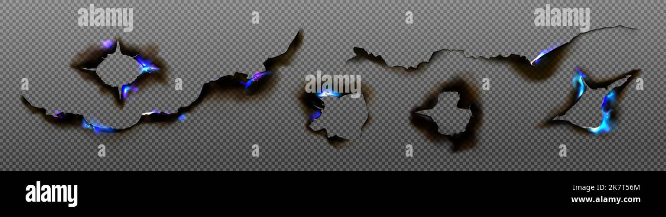 Burn paper holes and borders with blue fire. Burnt gaps with smoldering ...