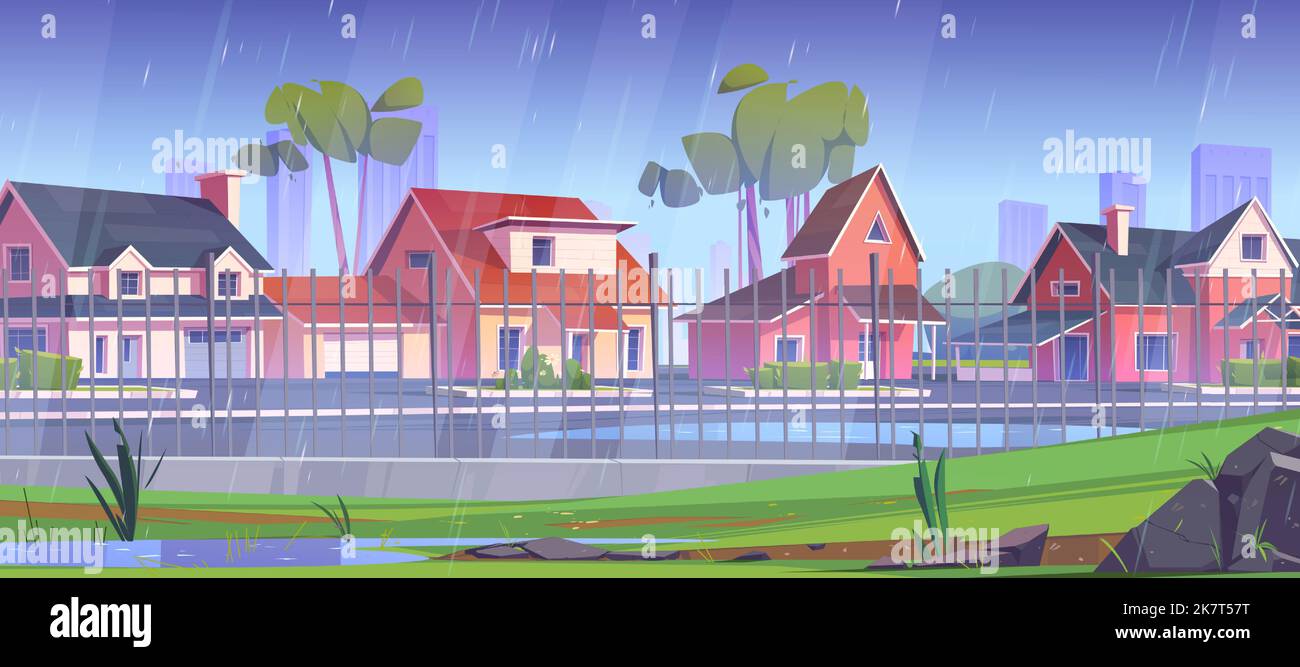 Suburban area at rain, street with cottage houses behind of metal fence ...