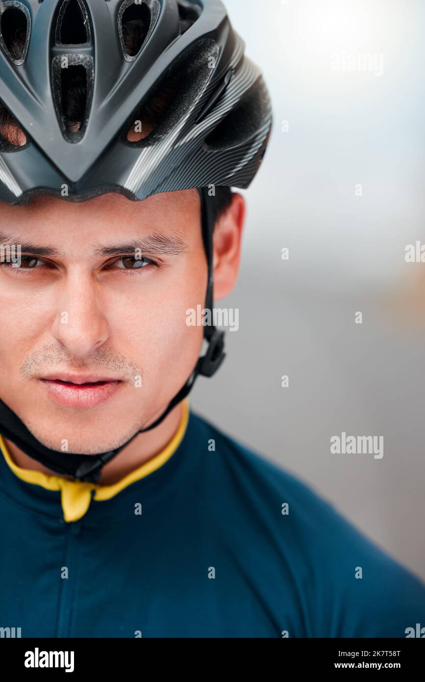 Sports man, cycling and face of cyclist looking ready, cool and ...