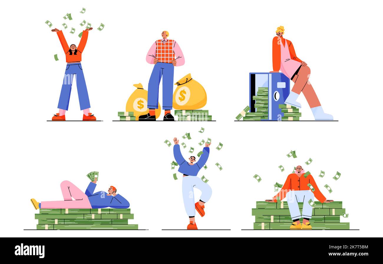 Happy rich people with stacks of cash, full money bags, safe. Concept ...