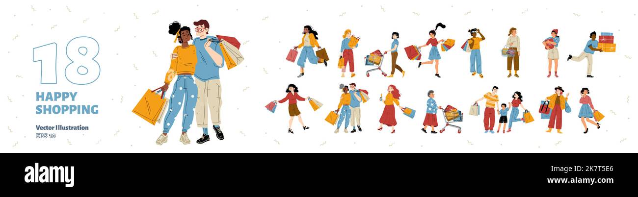 People happy shopping isolated set. Visitors with trolleys and bags ...