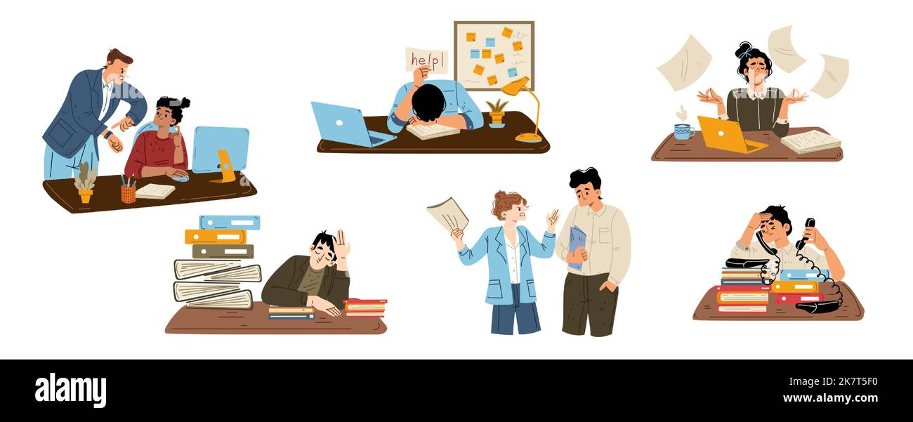 Stress at work, deadline, burnout set of busy fatigue people overloaded ...