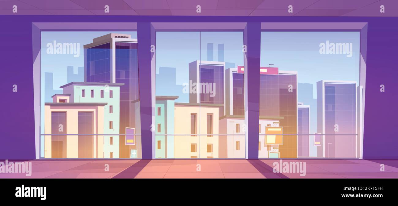 Empty office with large panoramic windows and urban view seen through ...