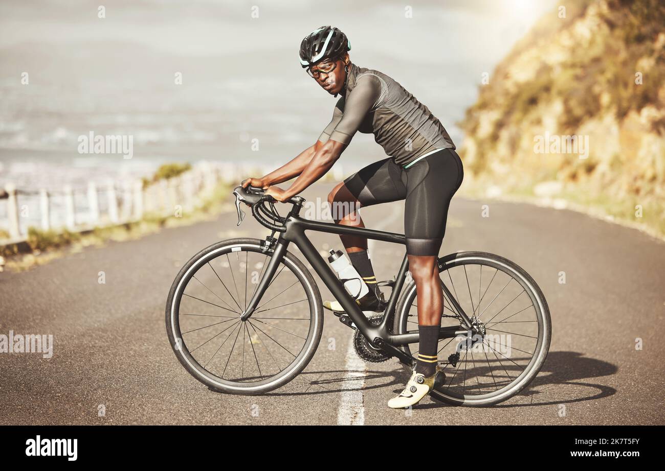 Cycling, energy and bike cyclist in a road along a mountain, power ...