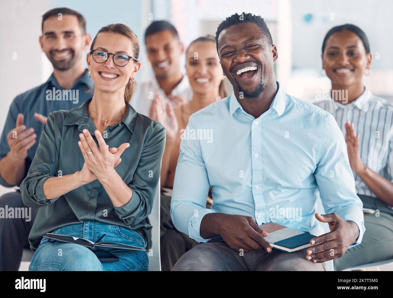 Workshop, applause and conference with audience in presentation for ...