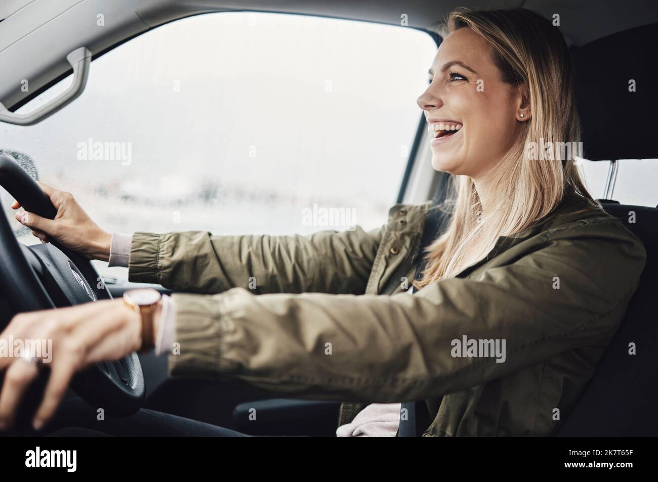 Travel, car driver and woman excited, having fun and enjoy speed ...