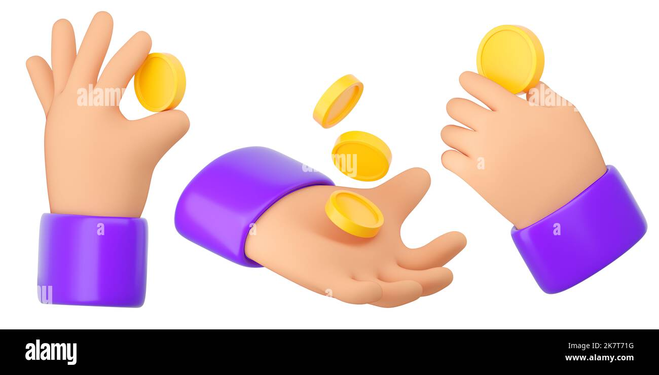 3d Human hands holding yellow gold coins set. Online payment, mobile ...