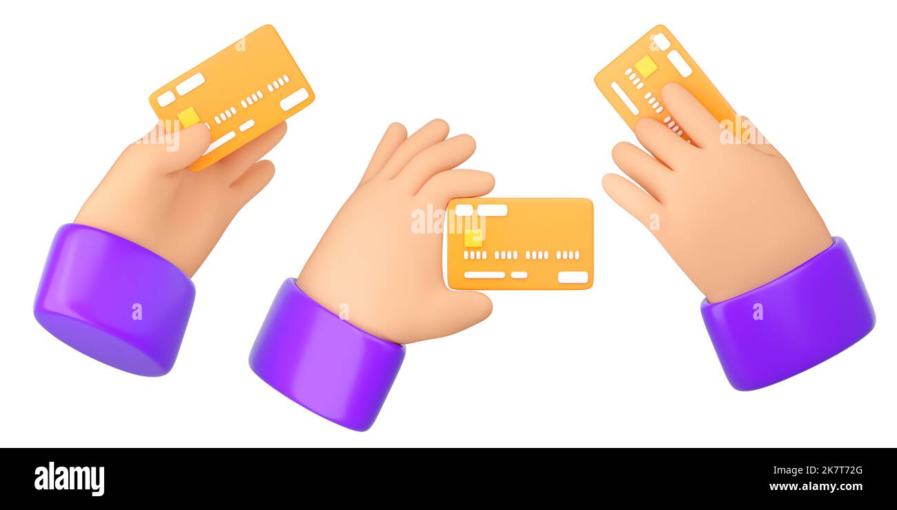 3d Human hands holding bank orange credit cards set. Online payment ...