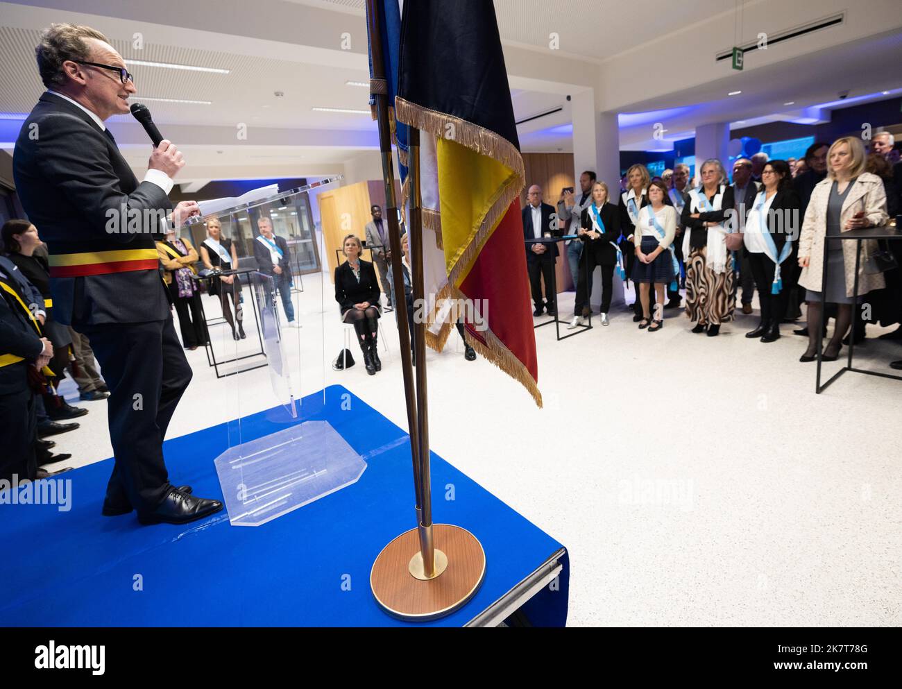 Ukkel - Uccle Mayor Boris Dillies delivers a speech at the official ...