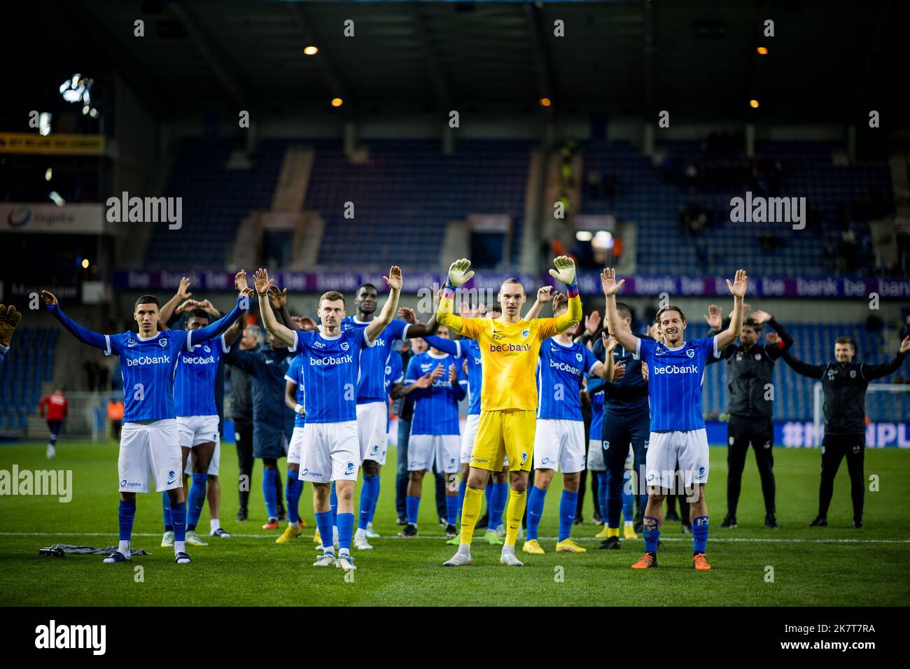 Genk's players celebrates after winning a soccer match between KRC Genk ...