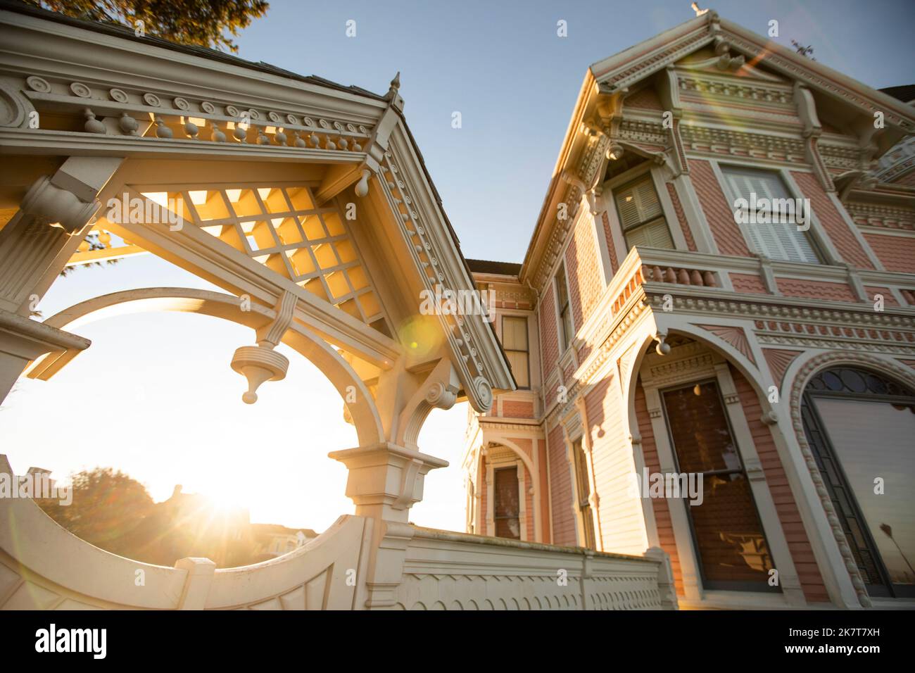 Sunset view of a row of historic Victorian homes in downtown Eureka ...