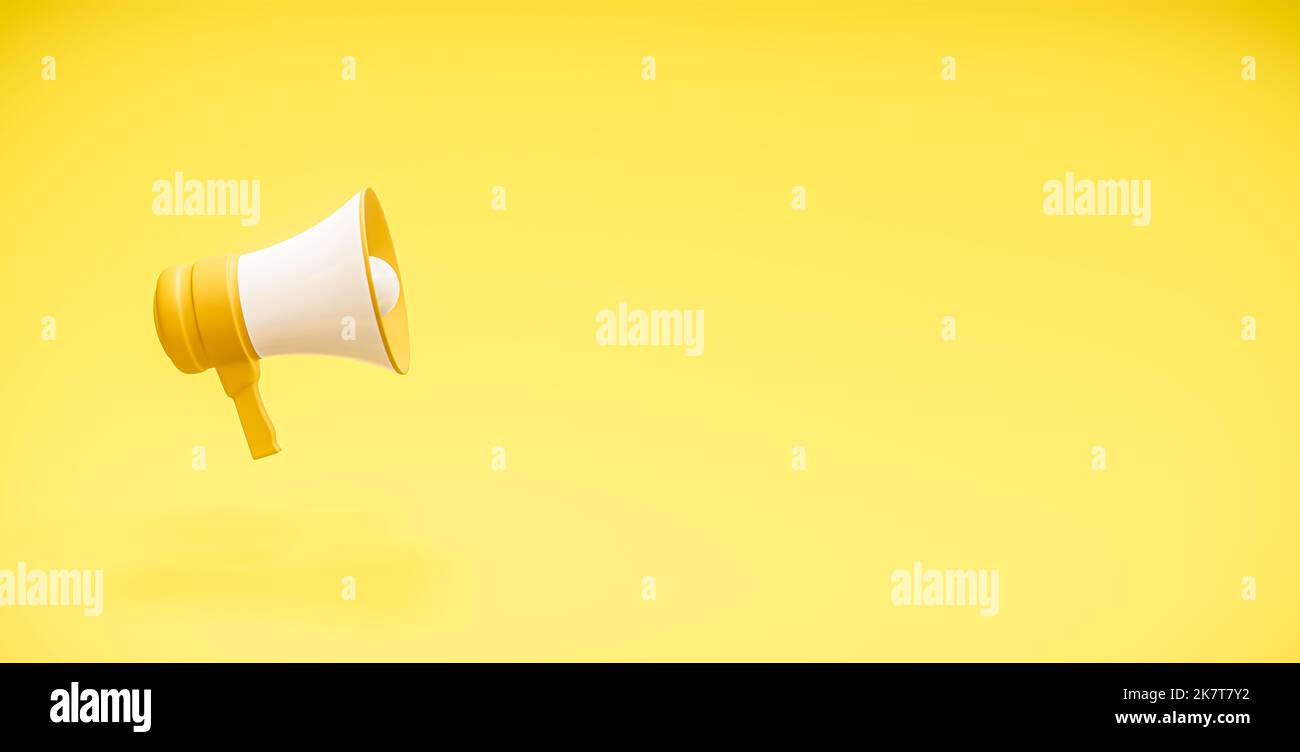 Marketing time concept, realistic 3d megaphone, loudspeaker on yellow ...