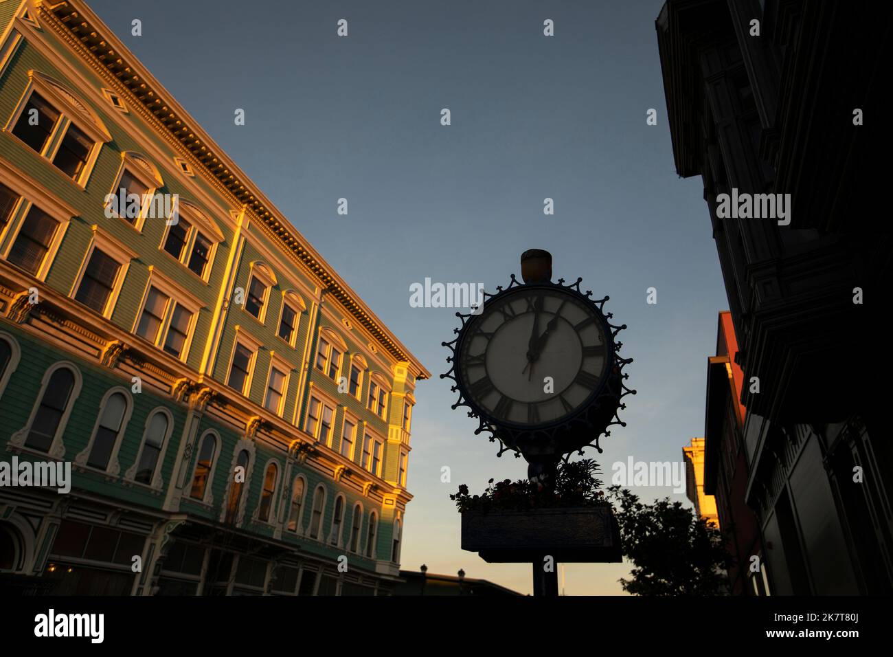 Historic clock framed view of downtown Eureka, California, USA Stock ...
