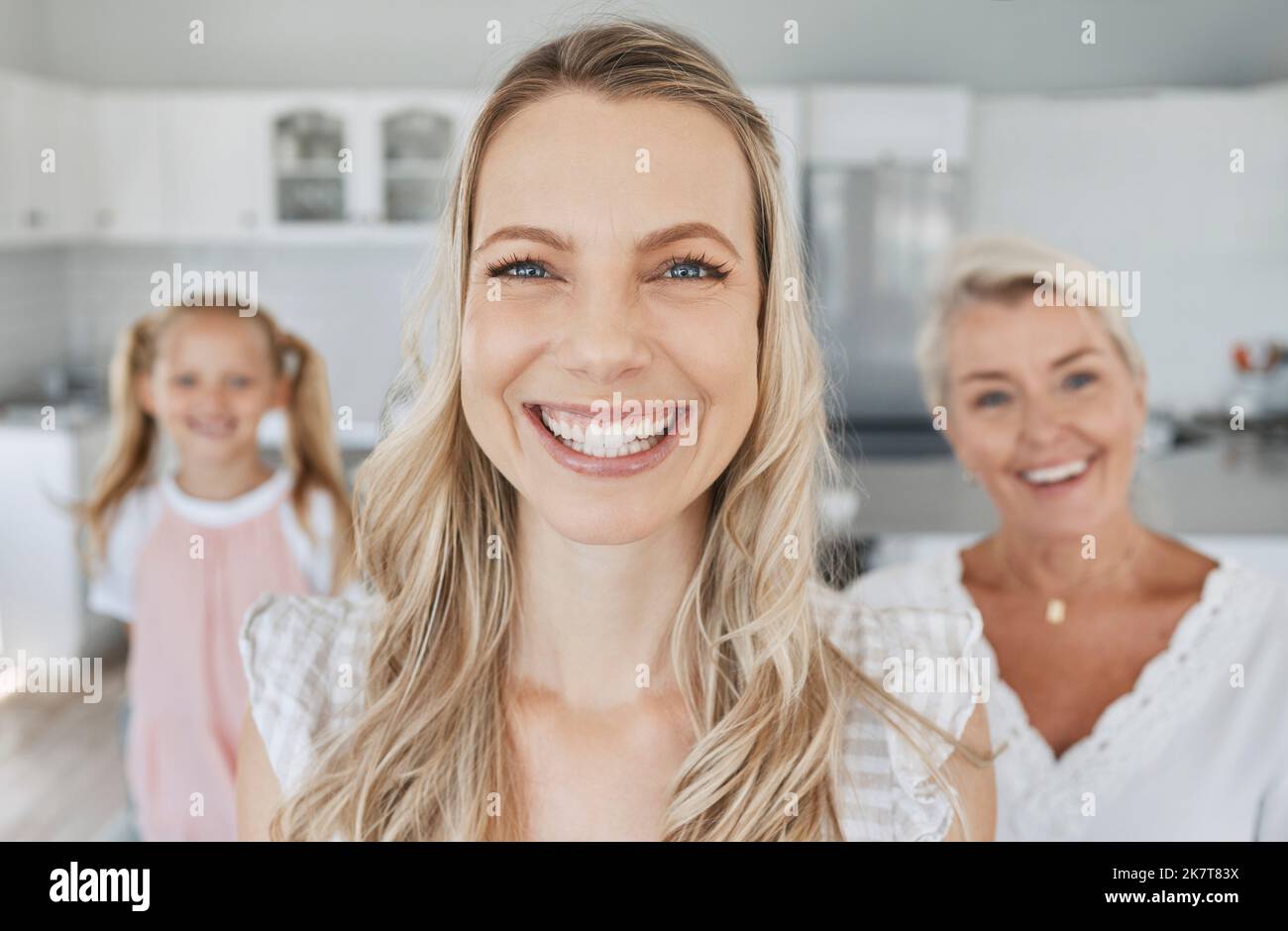 Mom, happy and portrait of family with foreground in house with ...
