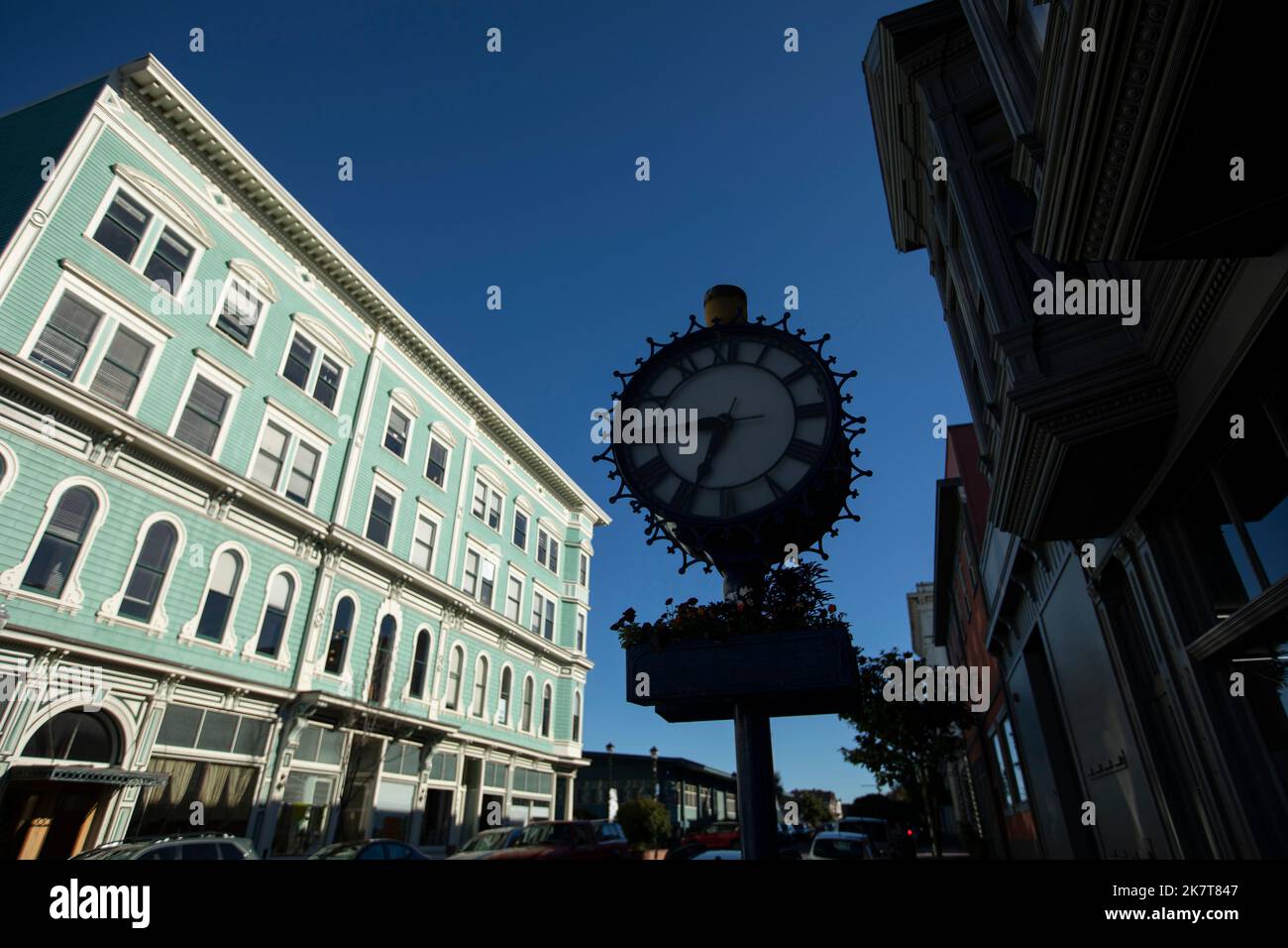 Historic clock framed view of downtown Eureka, California, USA Stock ...