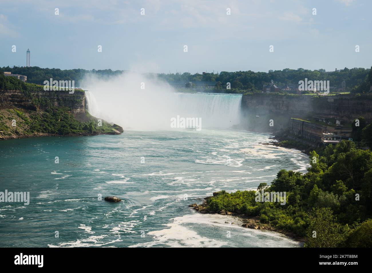 American Falls view from Canada side on cloudy day. Waterfall with blue ...