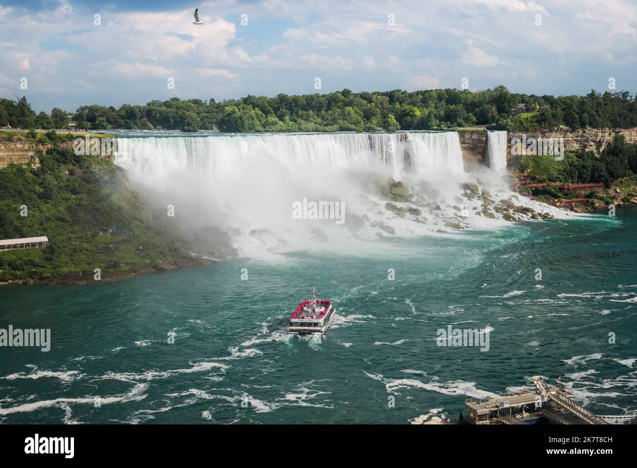 American Falls view from Canada side on cloudy day. Waterfall with blue ...