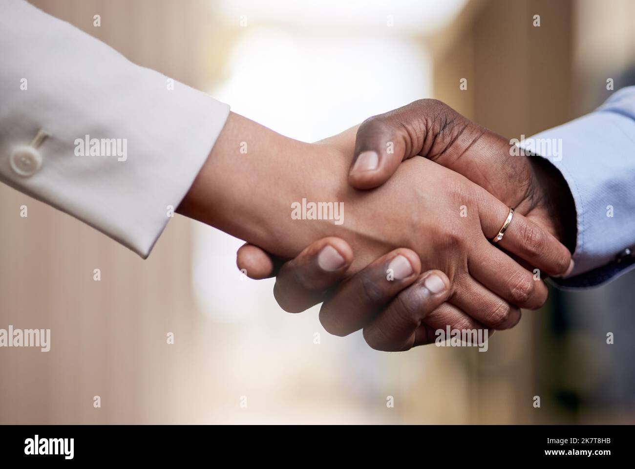 Were so glad to finally meet you. two businesspeople shaking hands in ...
