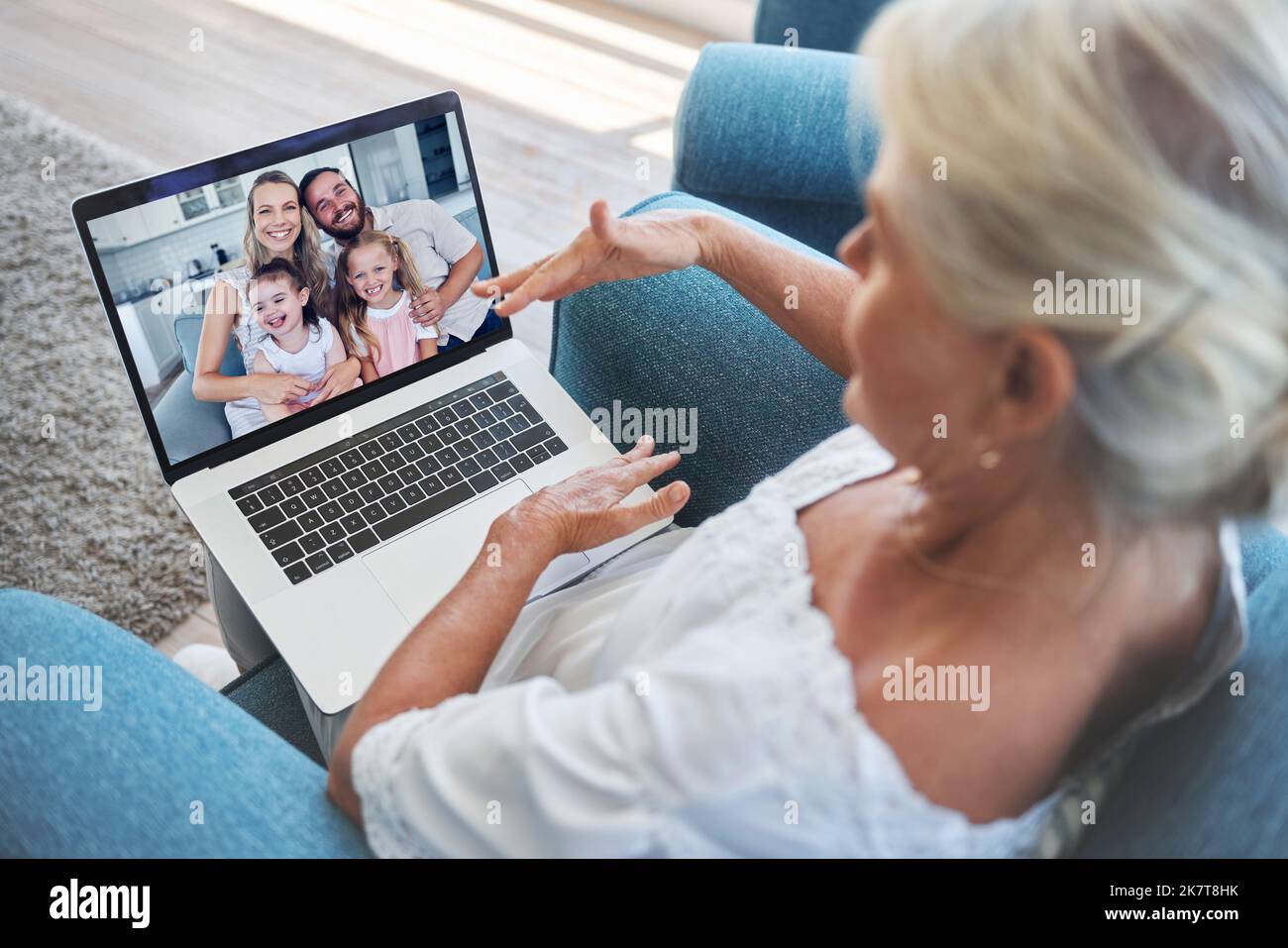 Love, family and video call on laptop with grandmother for online ...