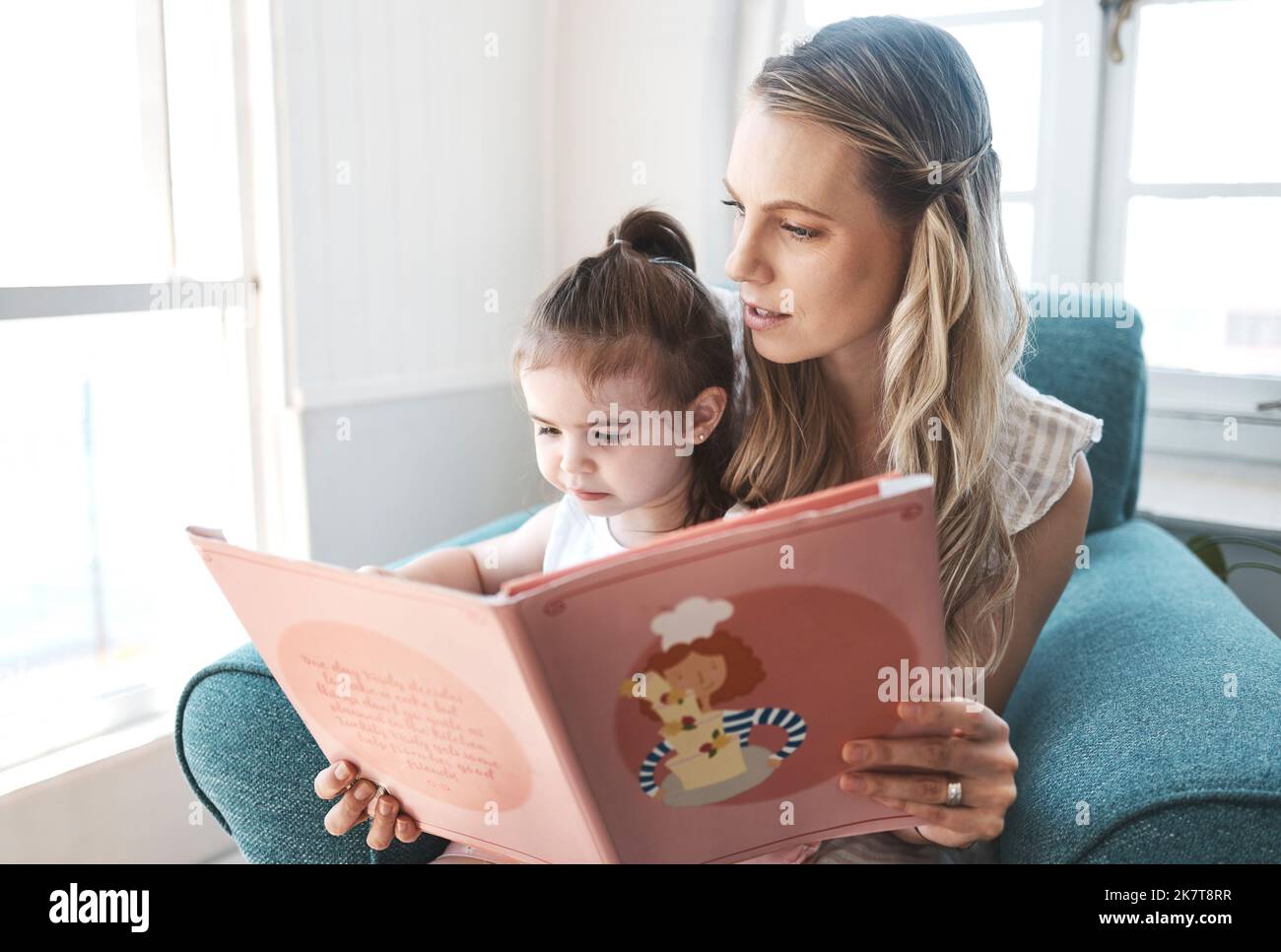 Mother, girl and reading kids book for child education development ...