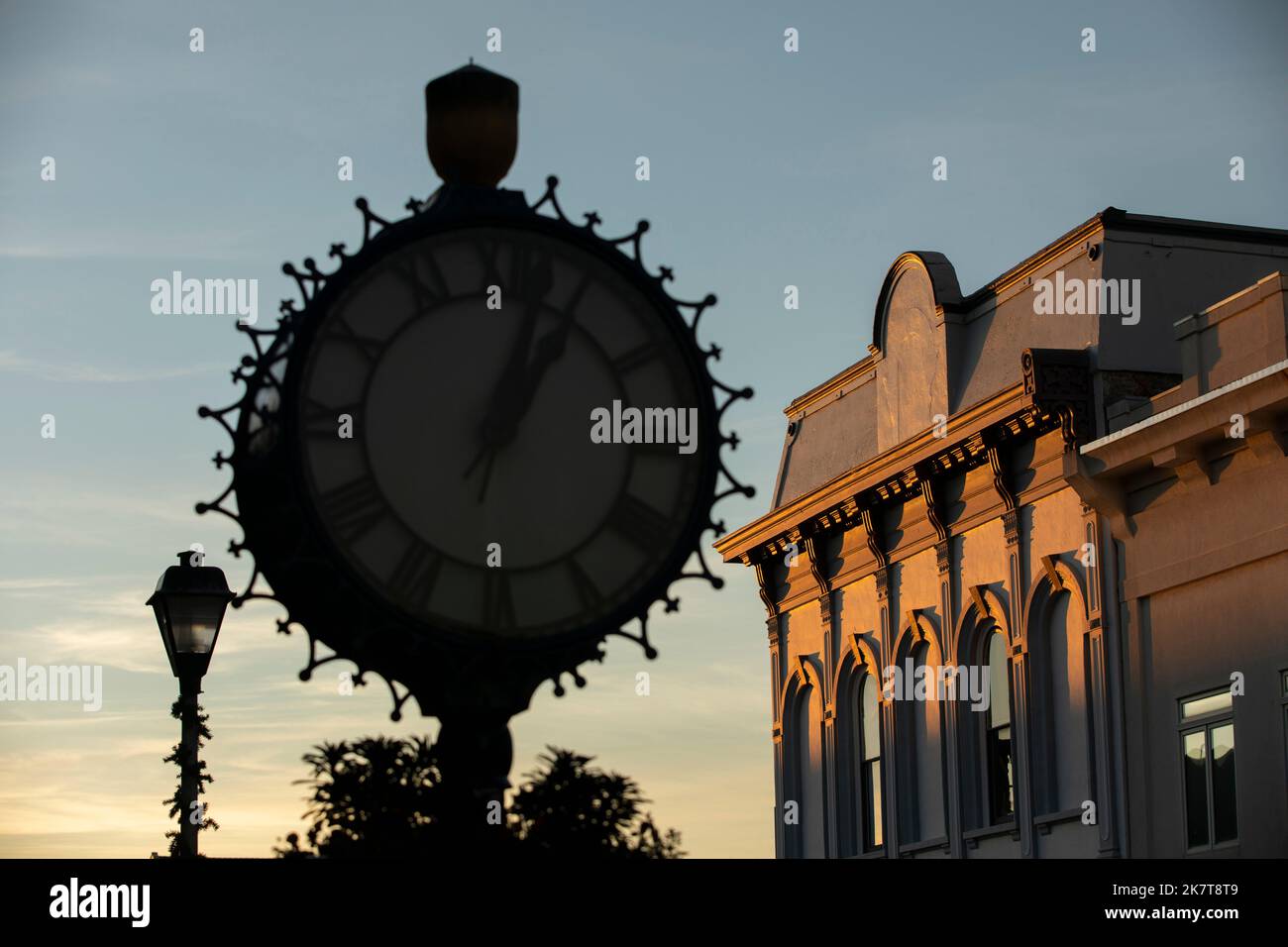 Historic clock framed view of downtown Eureka, California, USA Stock ...