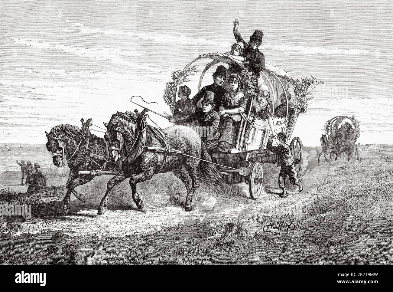 Family going to a kermessa on a cart, Netherlands, Europe. Trip to the ...