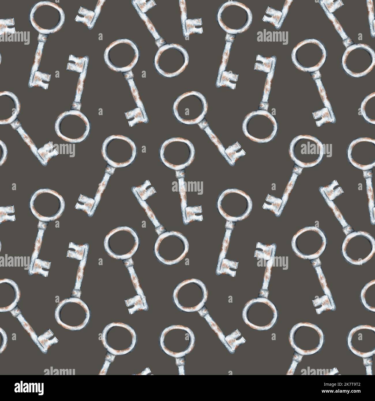 Rusty iron key seamless pattern. Watercolor vintage illustration. Isolated on a gray-brown ...