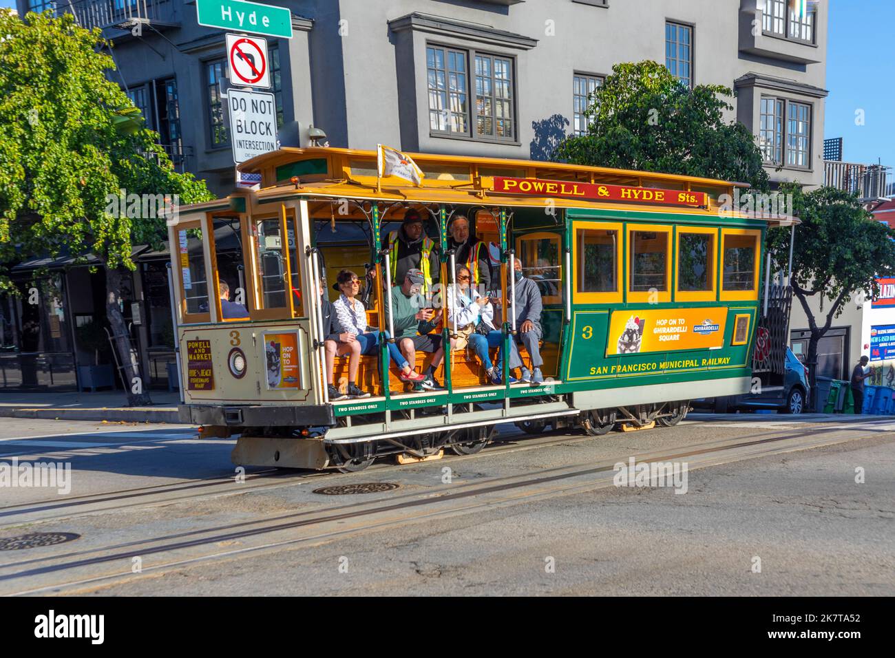 San Francisco, USA - June 6, 2022: conductor turns the cable car at the ...