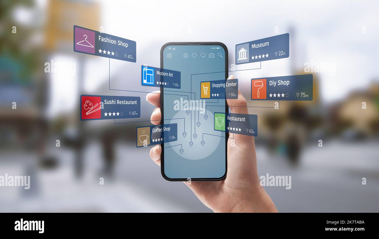Tourist exploring a city using an augmented reality app on smartphone ...