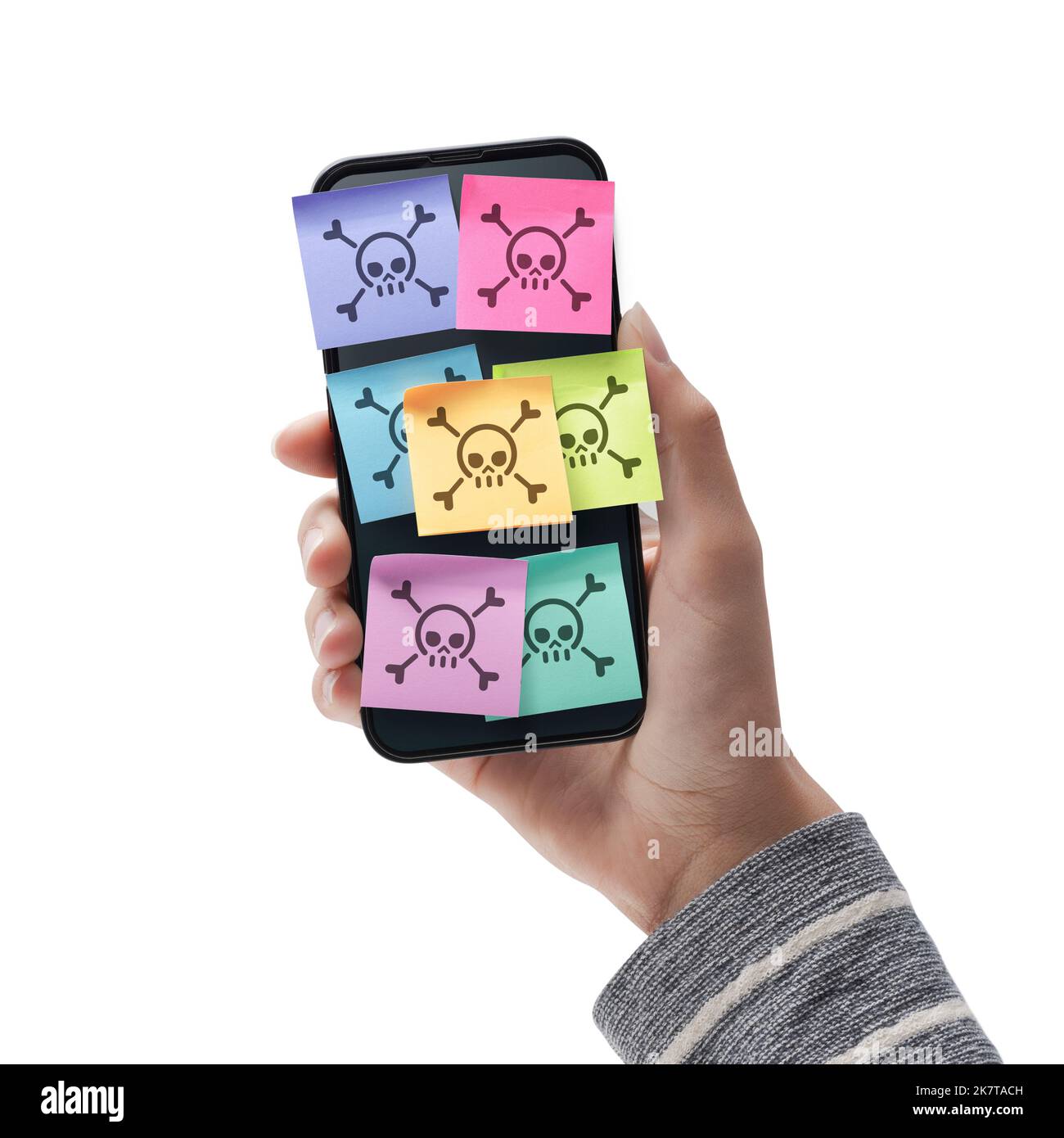 Hand holding a smartphone infected with viruses and malware ...