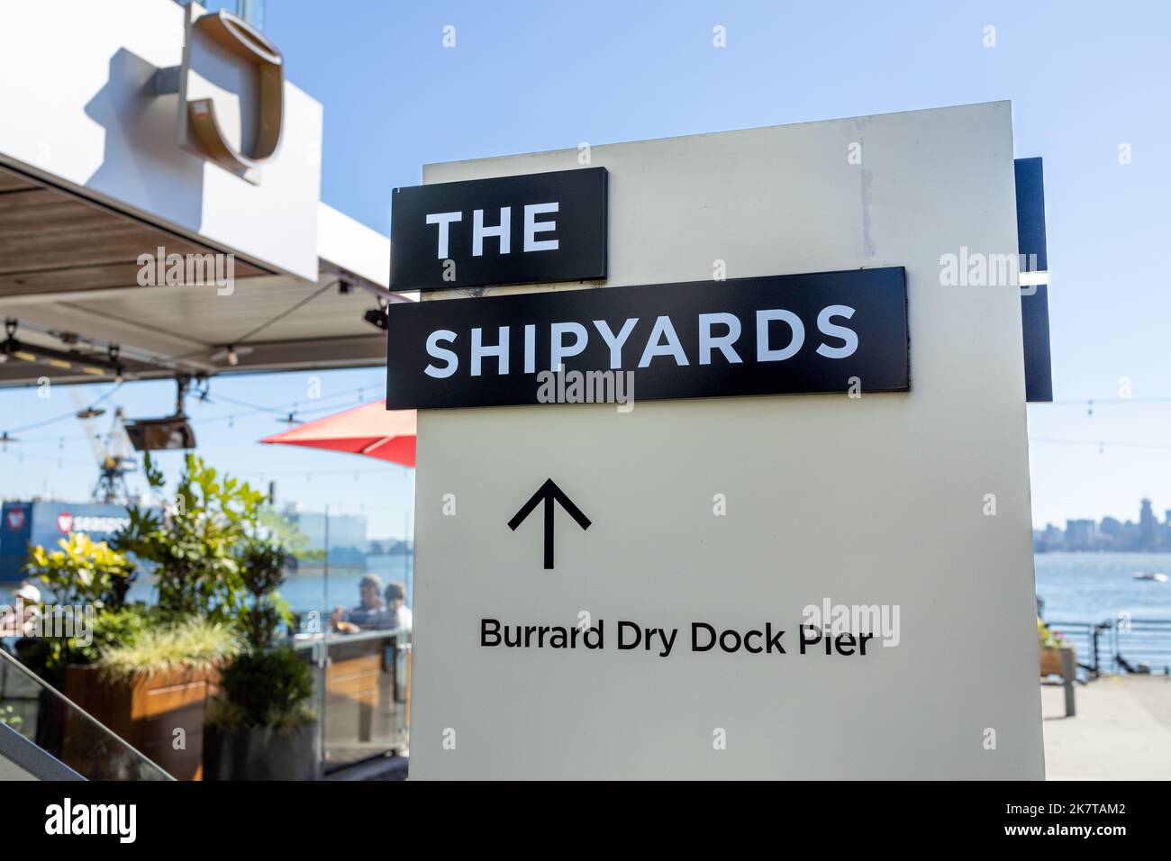 Vancouver, Canada - July 12, 2022: View of sign The Shipyards in North ...