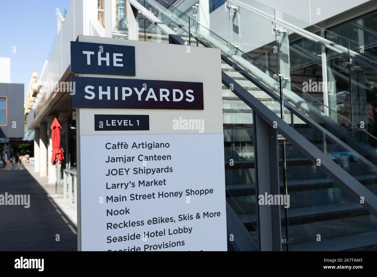 Vancouver, Canada - July 12, 2022: View of sign The Shipyards in North ...