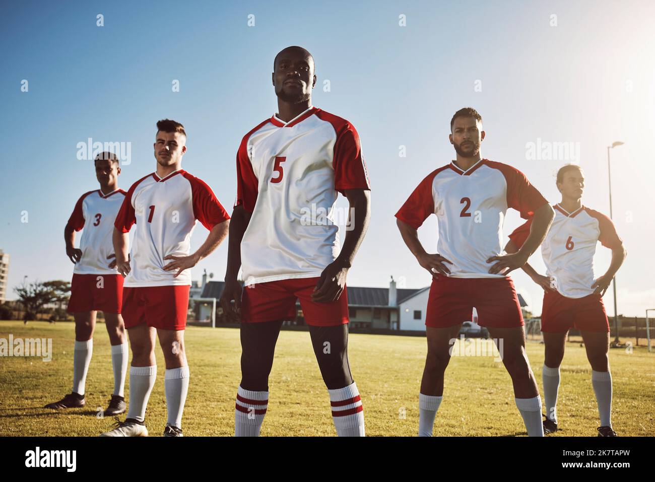 Football, soccer and portrait of team or group on field together ready ...