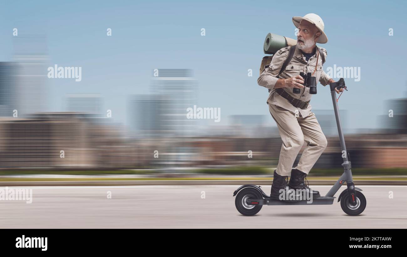 Funny scared explorer being chased by a monster, he is riding an ...