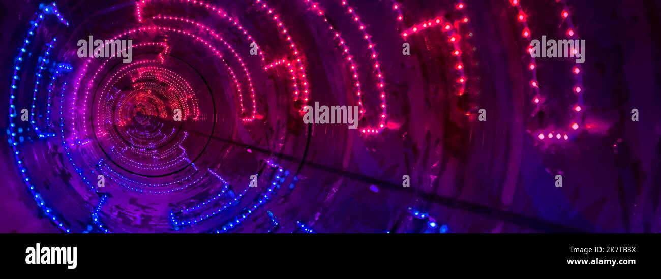 Dark future background and circle tube wireframe with blue light ...