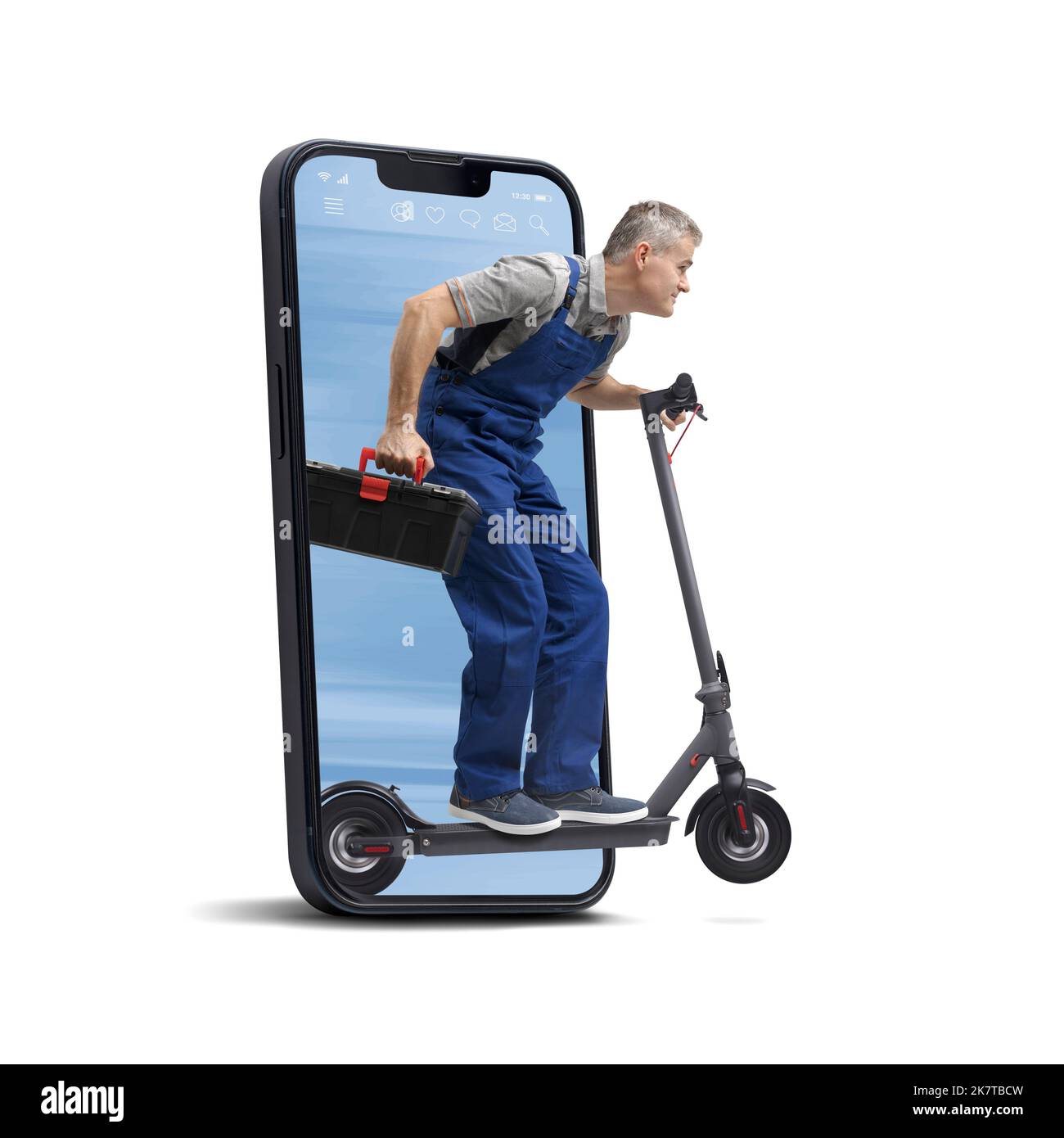 Professional fast repairman riding an electric scooter and holding a ...