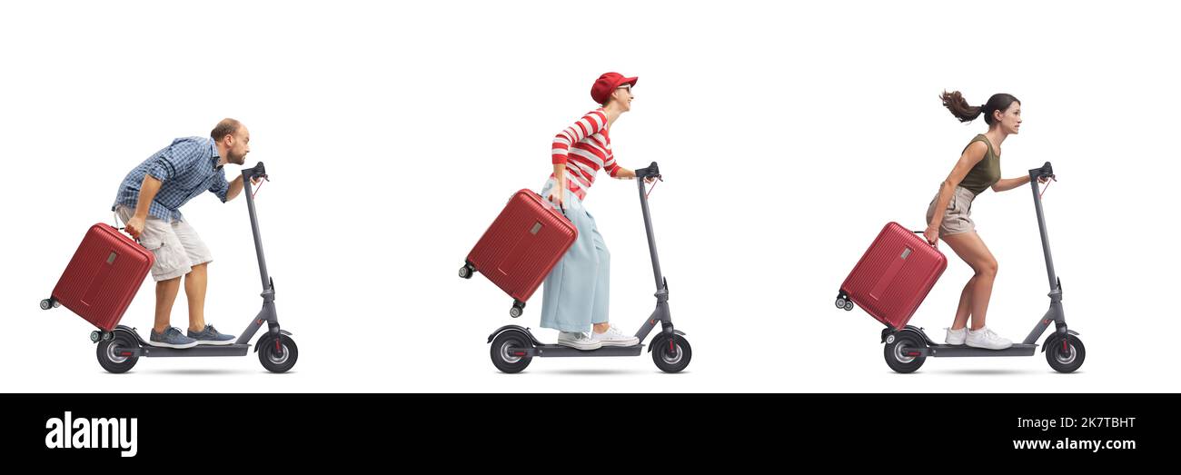 Set of travellers riding an electric scooter and carrying a trolley bag ...