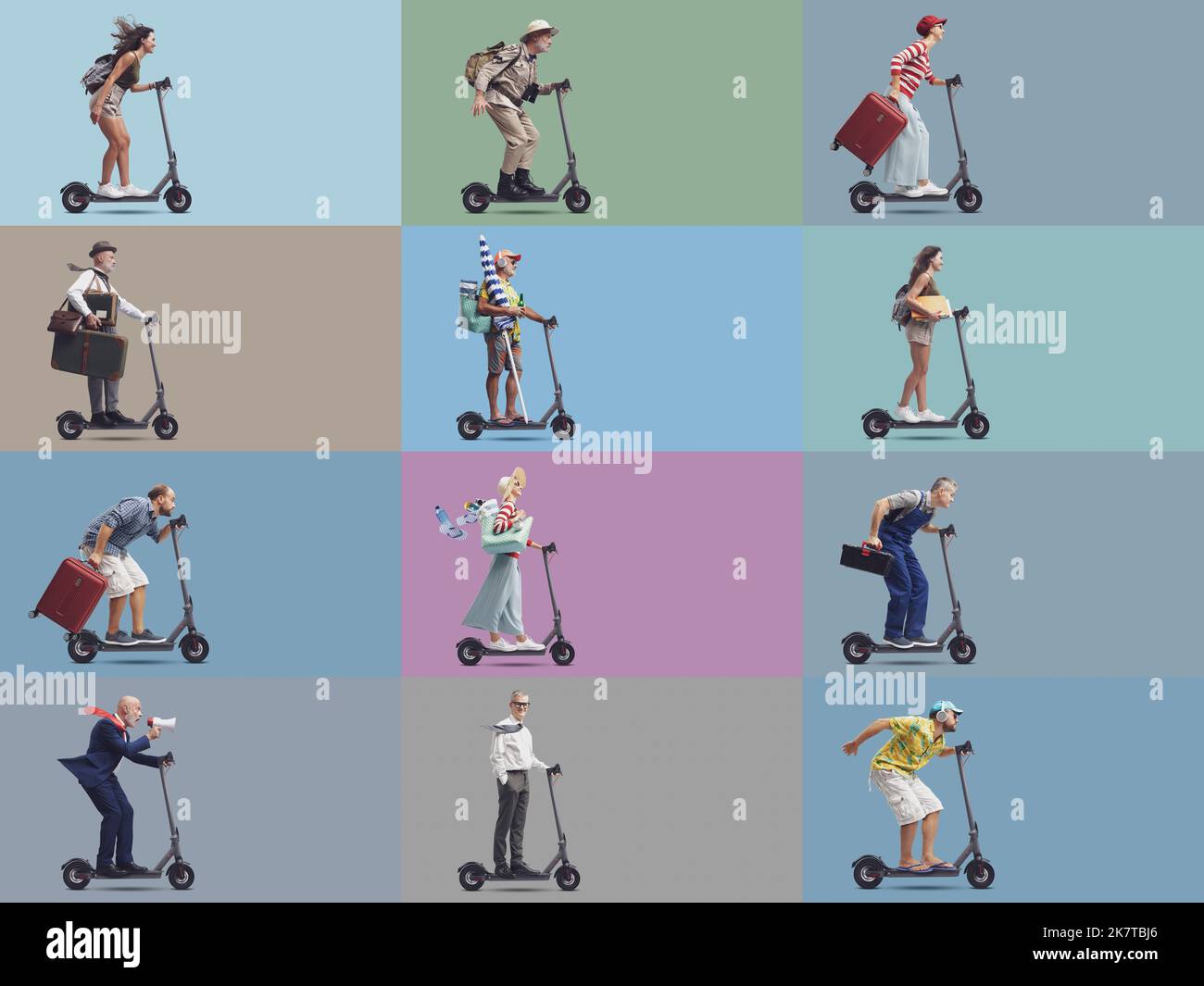 Set of diverse people riding eco-friendly electric scooters ...