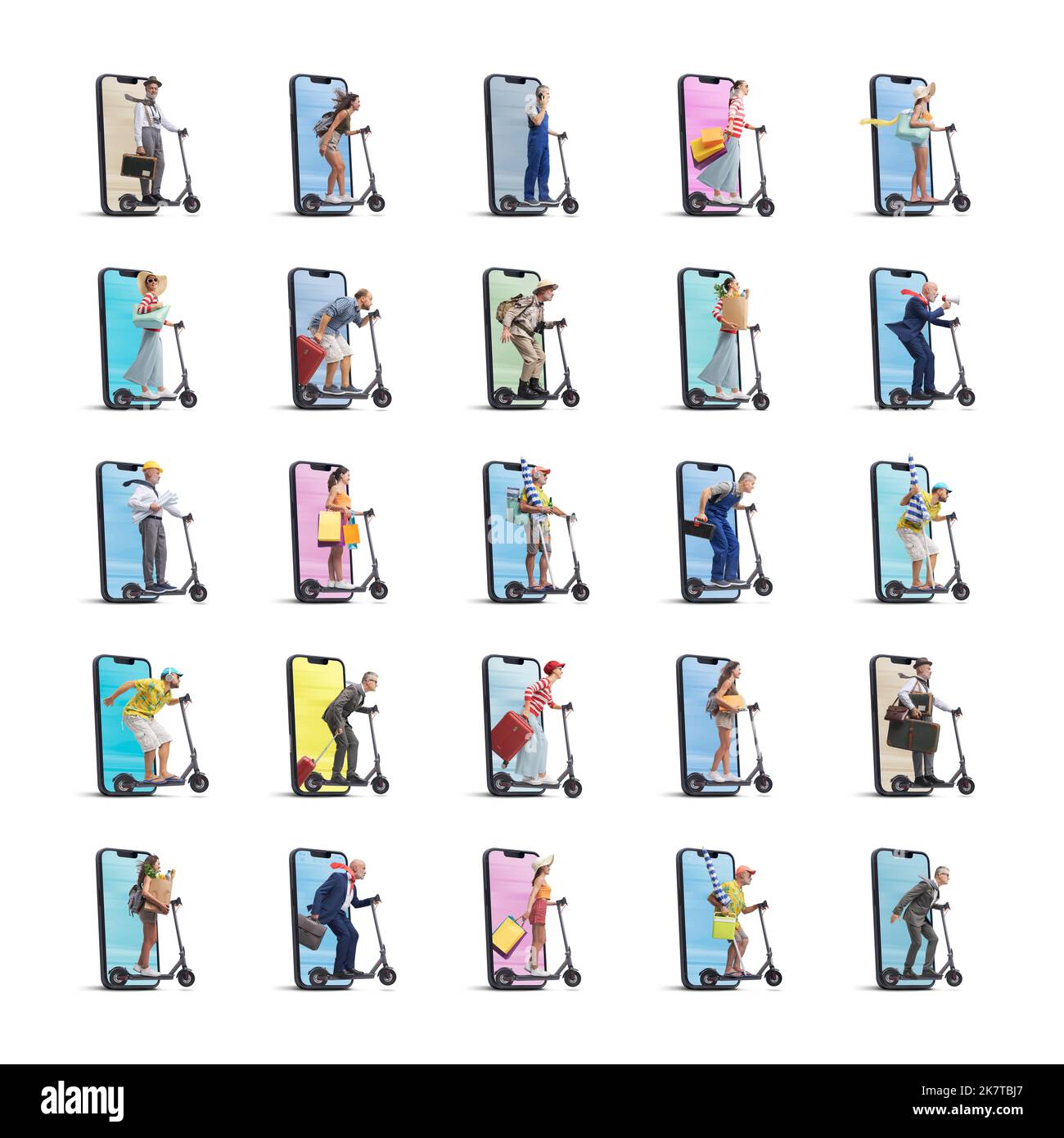 Set of diverse people riding electric scooters on smartphone screens ...